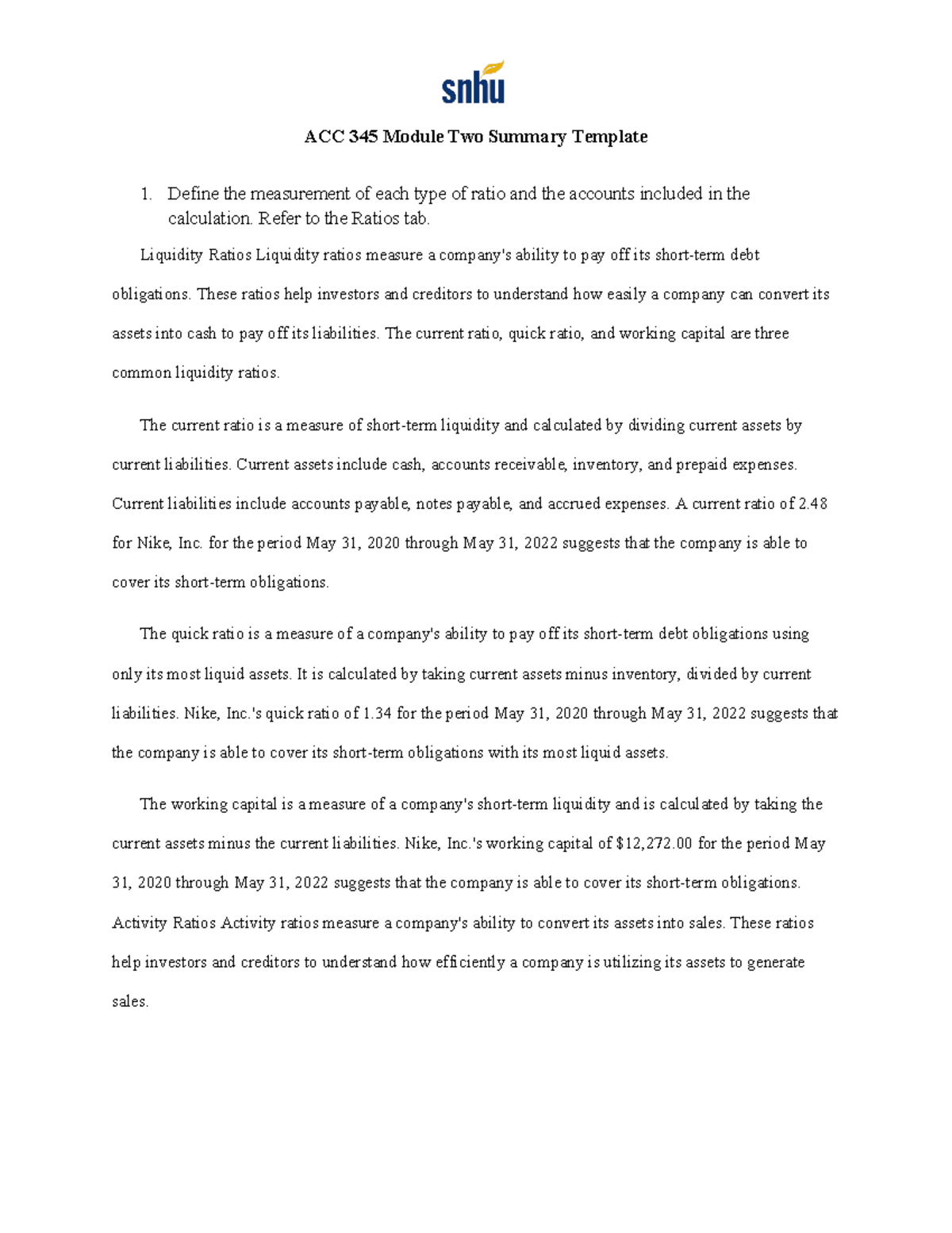 ACC 345 Final Exam - Summary of Liquidity and Activity Ratios - Studocu