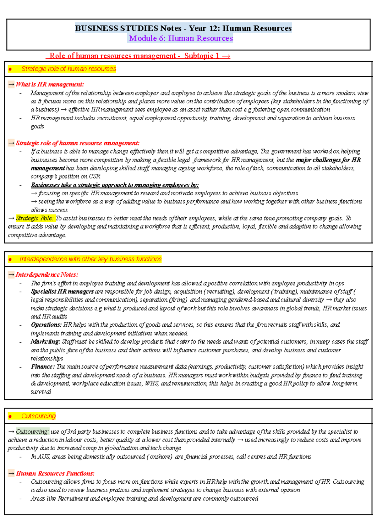 Business Studies YR12 Final Exam Notes - Human Resources Overview - Studocu
