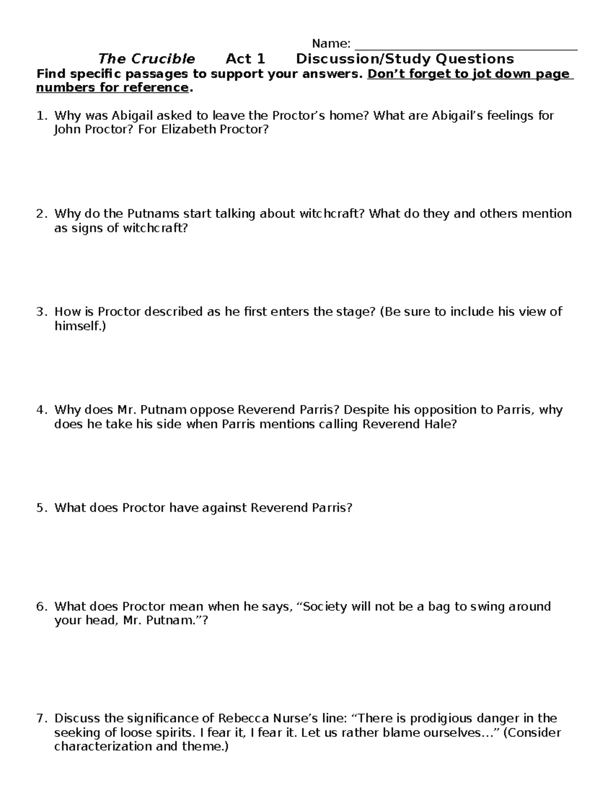 The Crucible (ENG 101) Act 1 Discussion Questions - Studocu