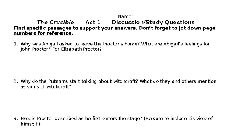 The Crucible (ENG 101) Act 1 Discussion Questions - Studocu