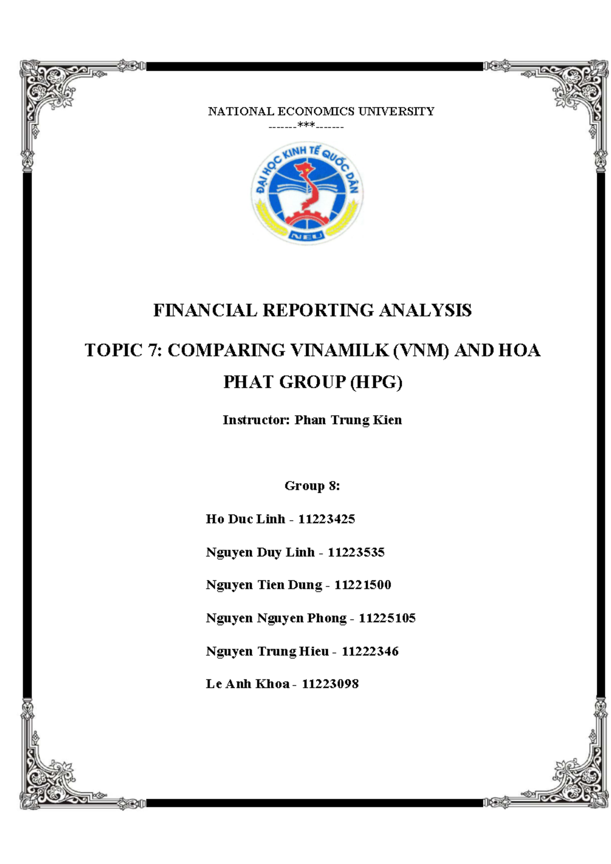 NATIONAL ECONOMICS UNIVERSITY FINANCIAL REPORTING ANALYSIS: VNM vs HPG ...