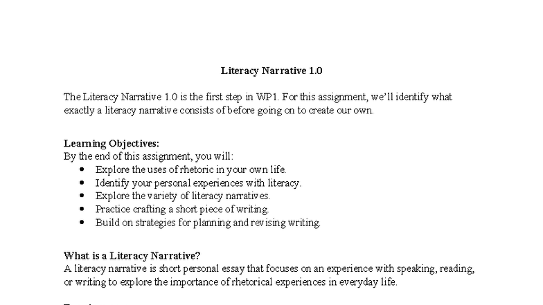 WP1 Literacy Narrative: Exploring Personal Rhetoric Experiences - Studocu