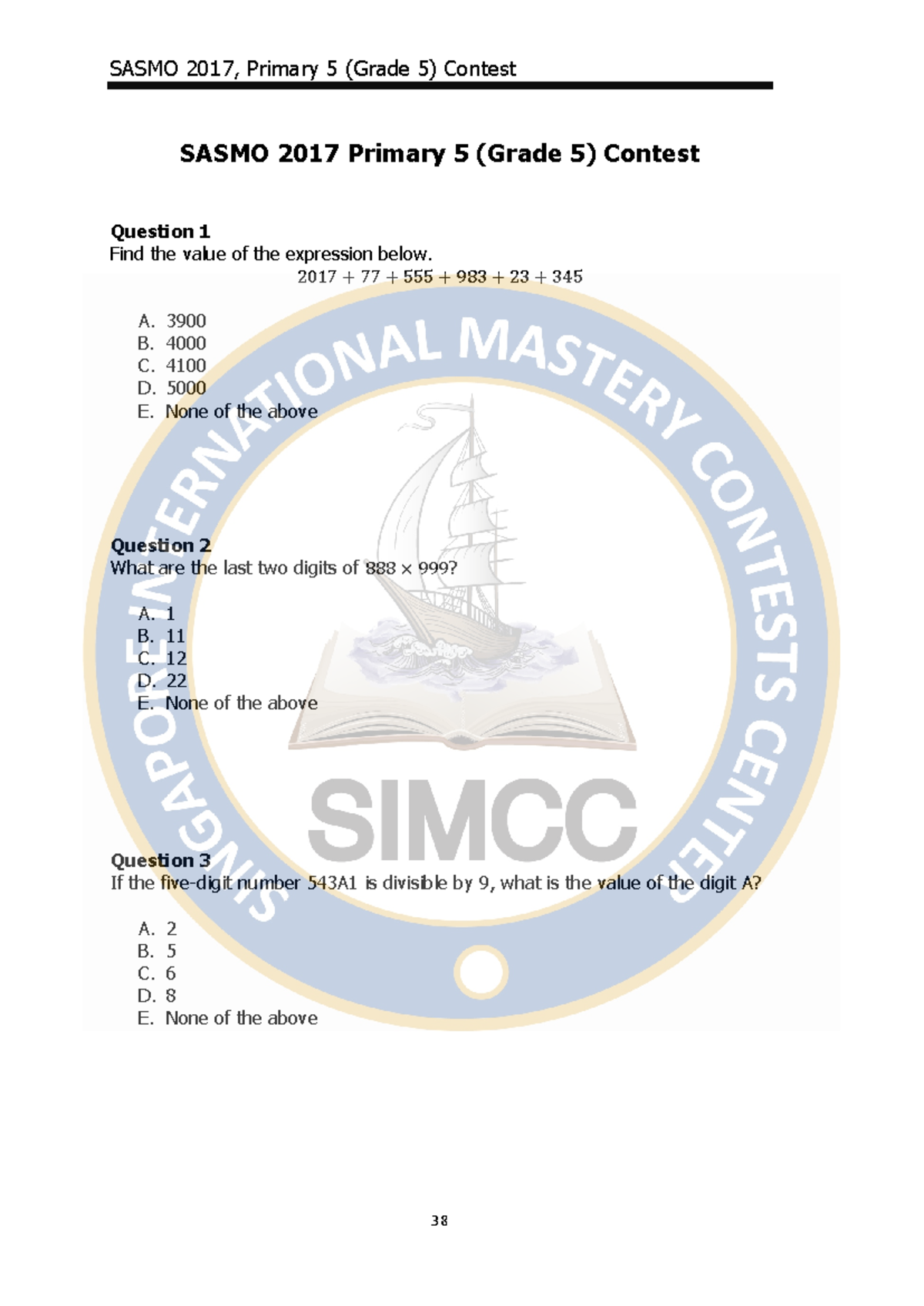 Sasmo 2017 Grade 5 - TUNIX SCHOOL: Junior Mathematical Olympiad - SASMO ...