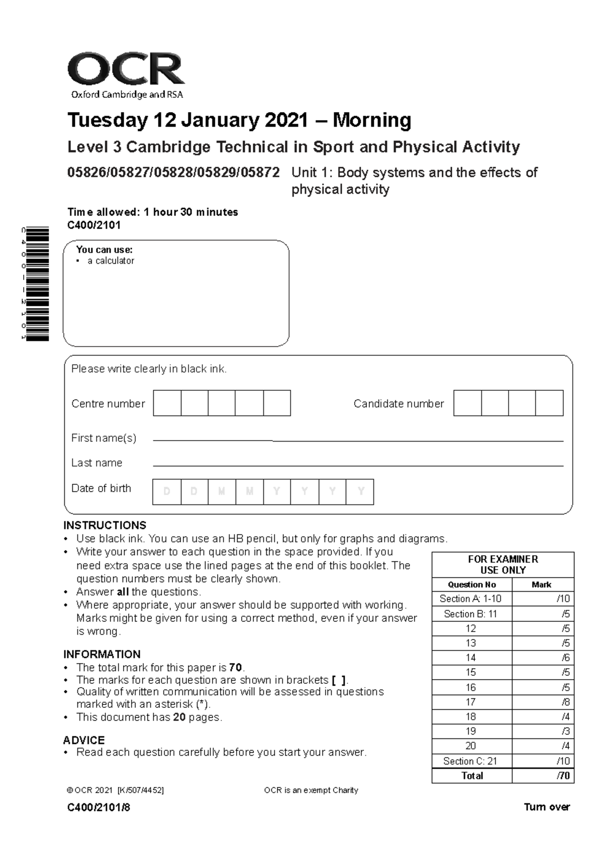 OCR Level 3 Cambridge Technical Sport & Physical Activity Exam - Jan ...