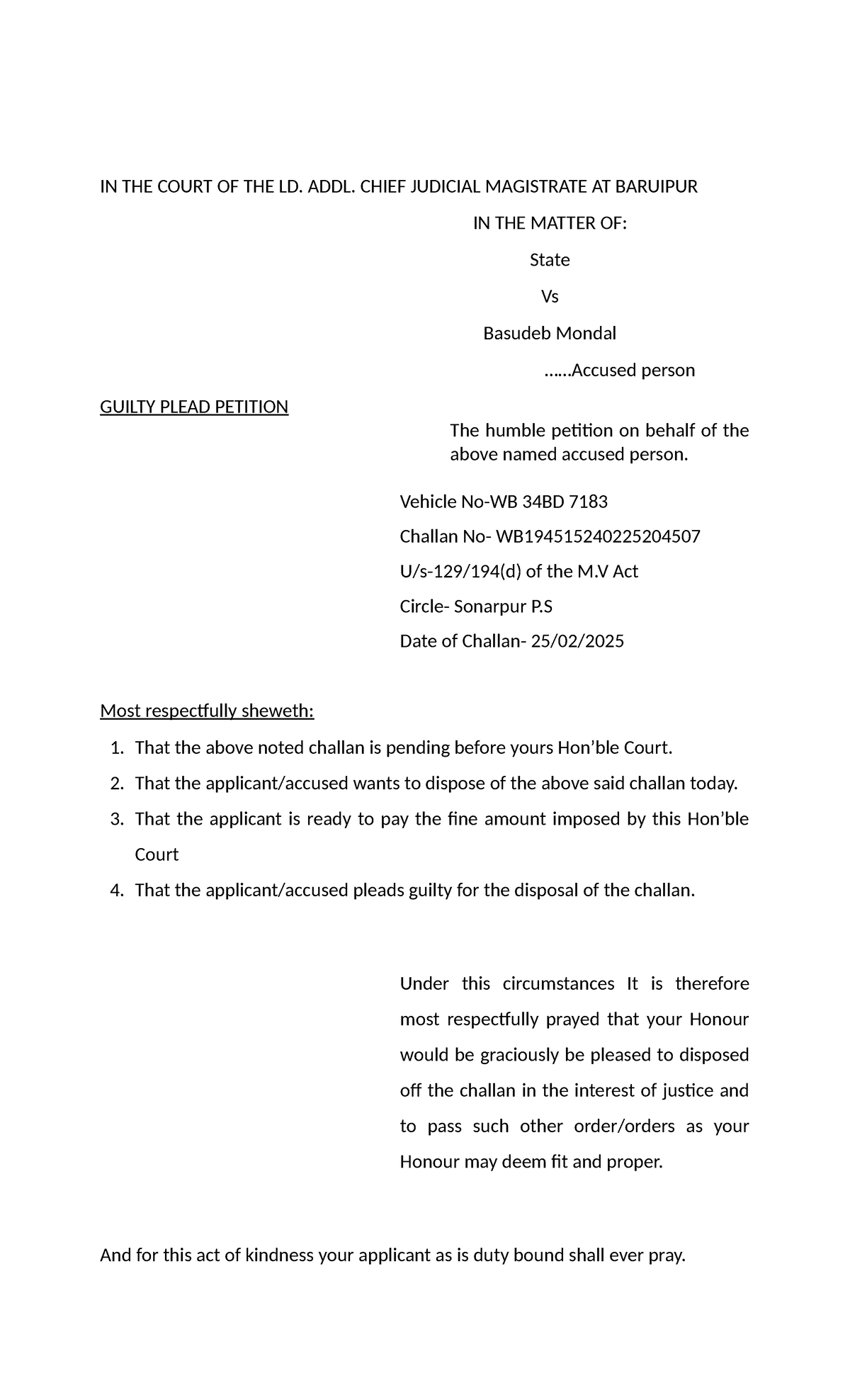Guilty Plea Petition Format - State Vs Basudeb Mondal - Studocu