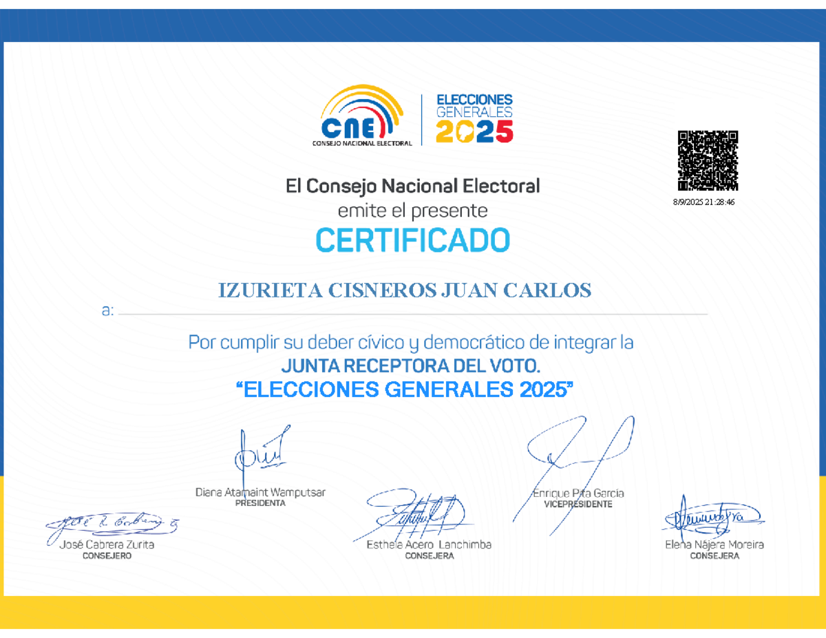 ELECCIONES GENERALES CNE 2025: Certificado de Deber Cívico - Studocu