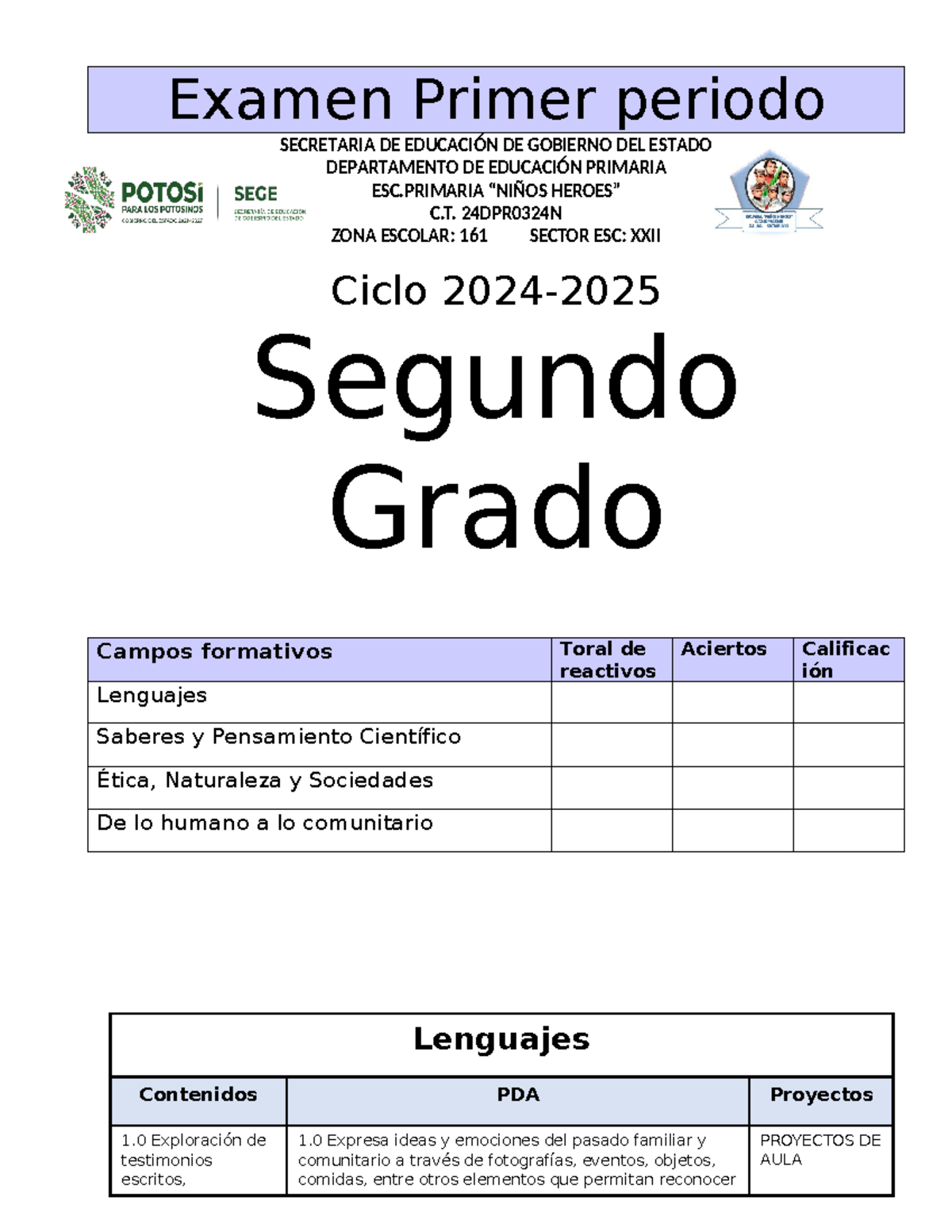 2° Examen Primer Periodo 2024 - Educación Primaria - Studocu