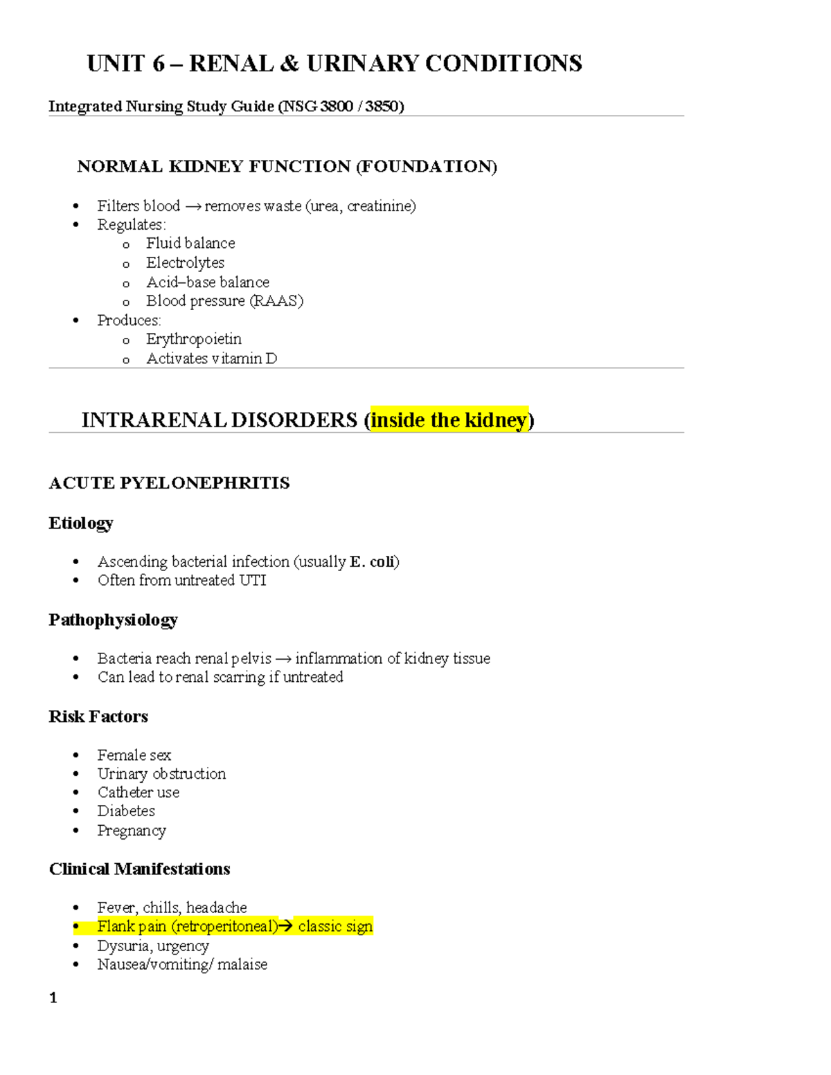 UNIT 6 STUDY GUIDE: RENAL URINARY CONDITIONS (NSG 3800 3850) - Studocu