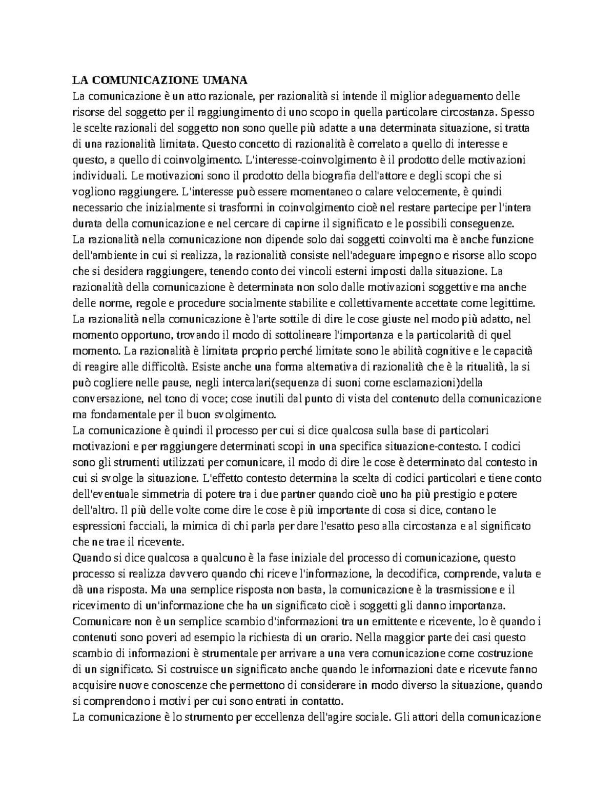 LA COMUNICAZIONE UMANA: Riassunto del Libro - Parte 1 - Studocu