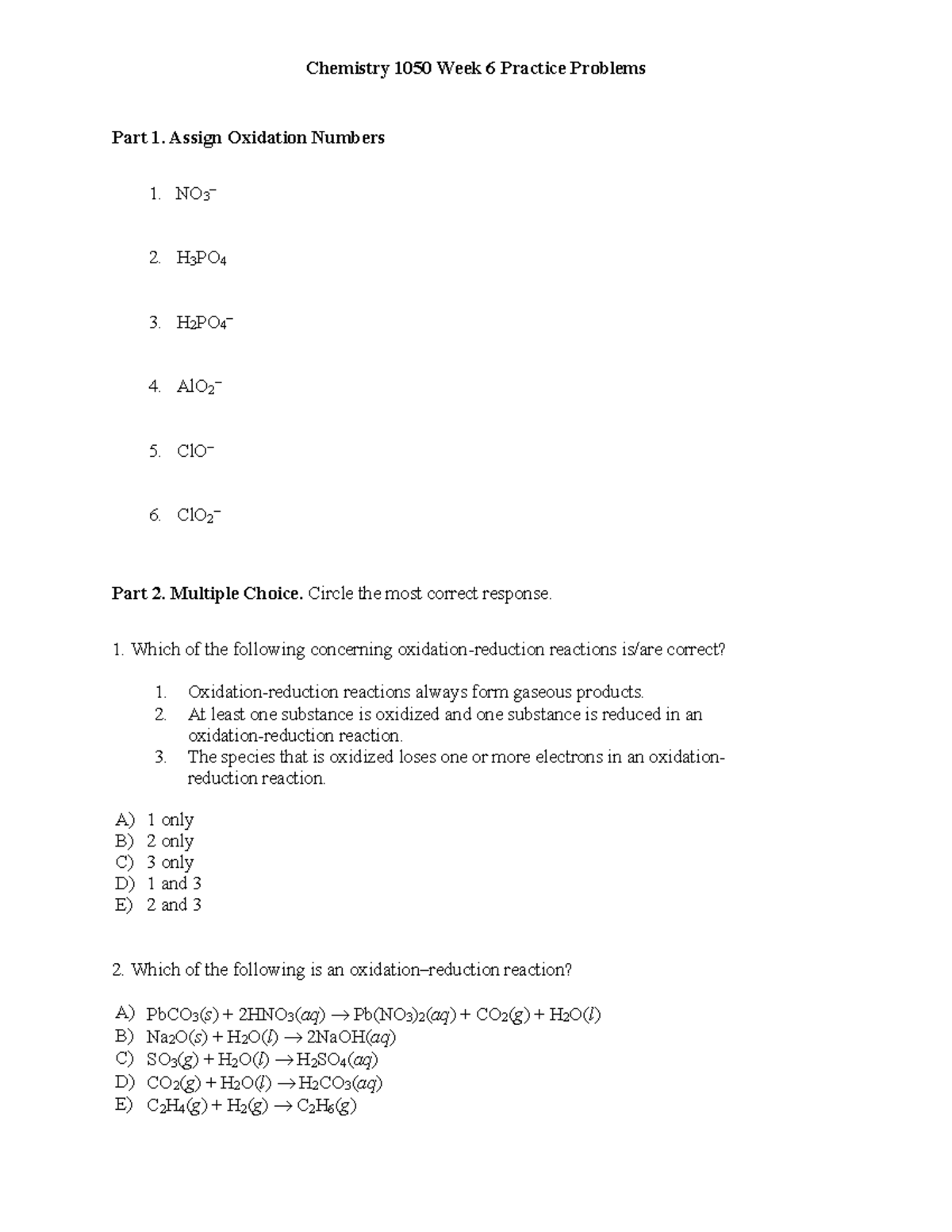 Chemistry 1050 Week 6 Practice Problems: Oxidation Numbers & Reactions ...