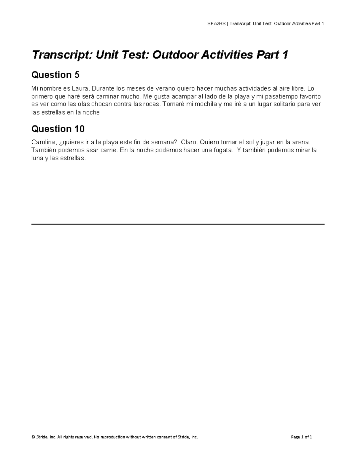 SPA2HS Unit Test: Outdoor Activities Part 1 Transcript - Studocu