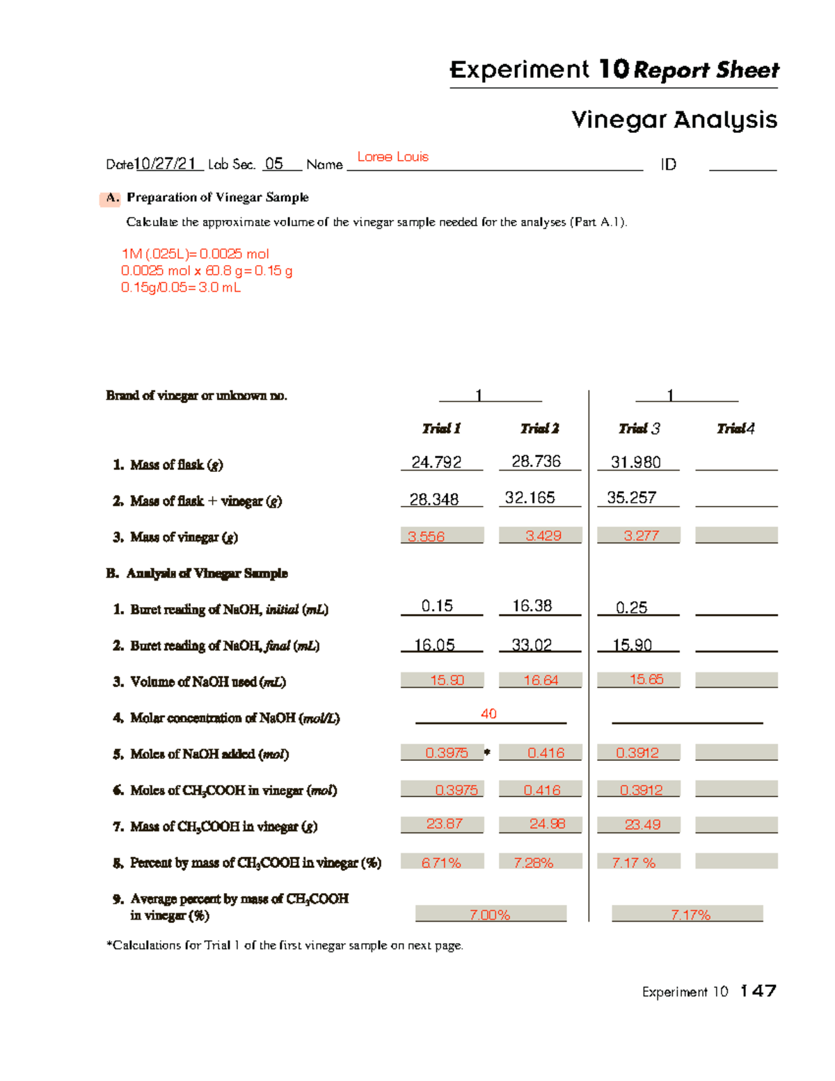 Experiment 10 Lab report sheet - Experiment 10 Report Sheet Vinegar Analysis Date __________ Lab ...