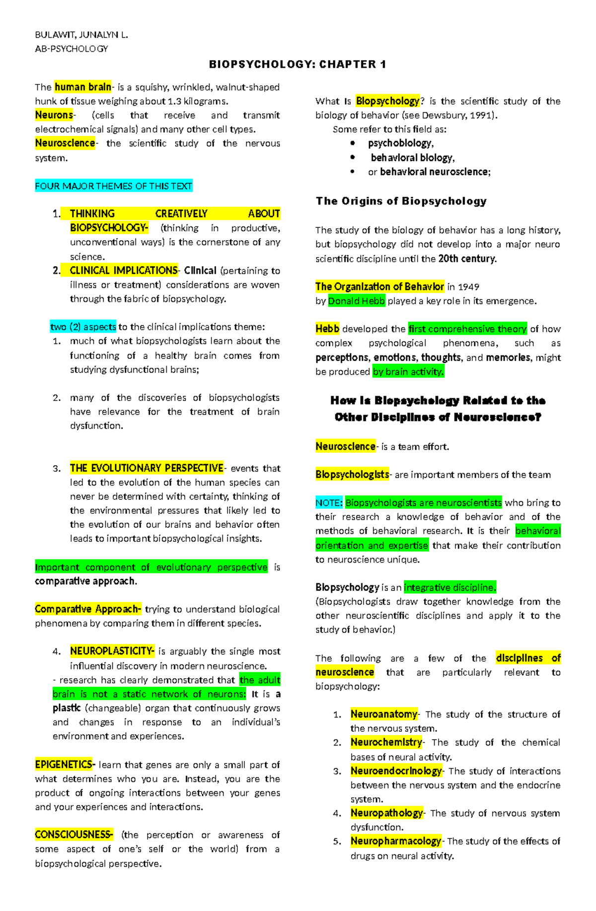BULAWIT, JUNALYN L. BIOPSYCHOLOGY: CHAPTER 1 Overview and Themes - Studocu