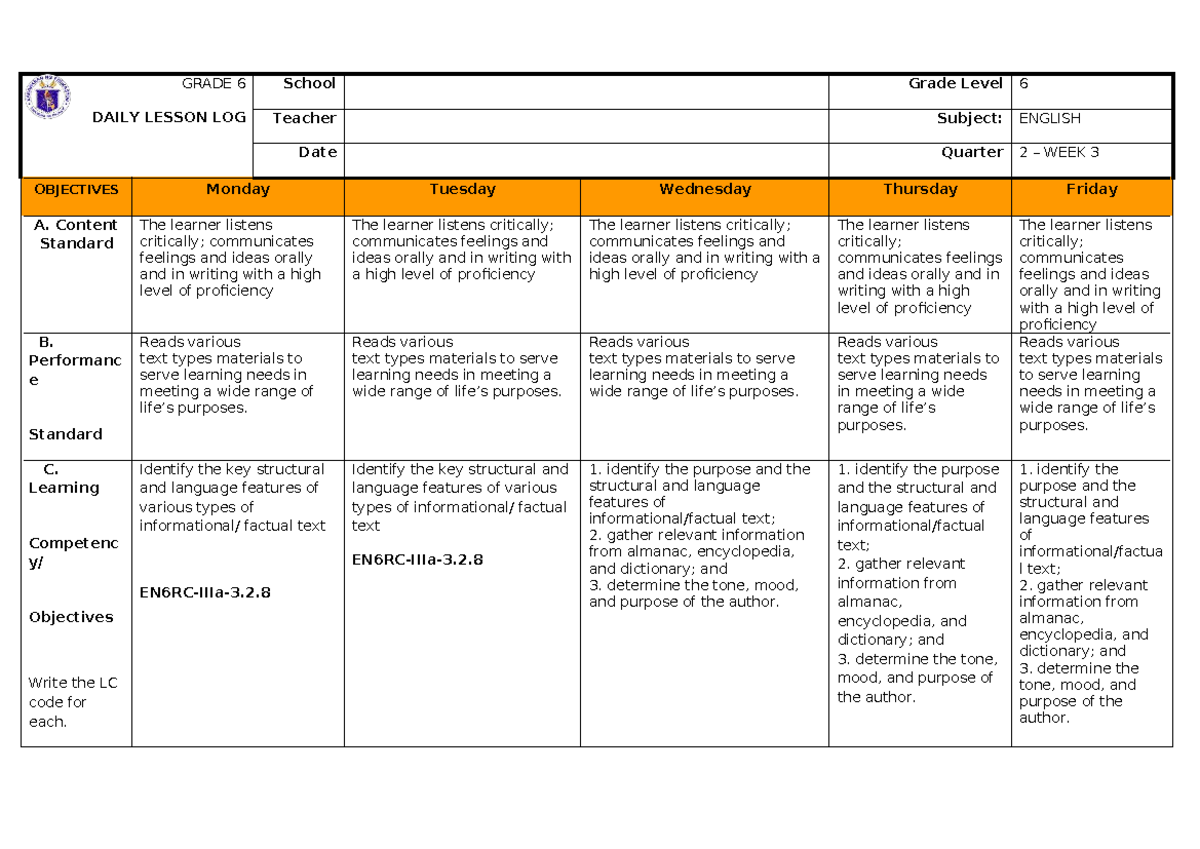 WEEK 3 DAILY LESSON LOG (DLL) - GRADE 6 ENGLISH - Studocu