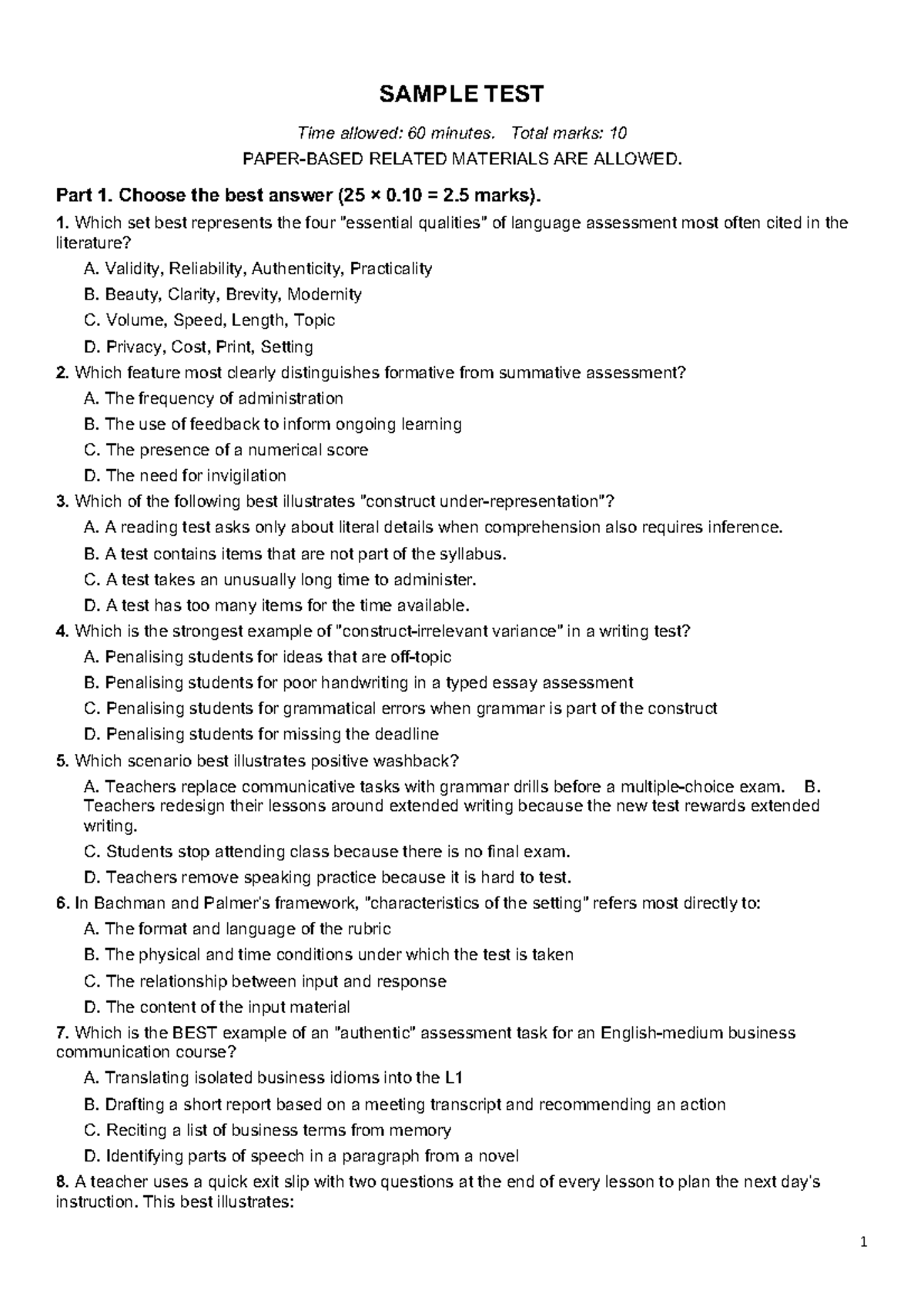 Sample Test Assessment in ELT (2026) - 60 Min Duration - Studocu