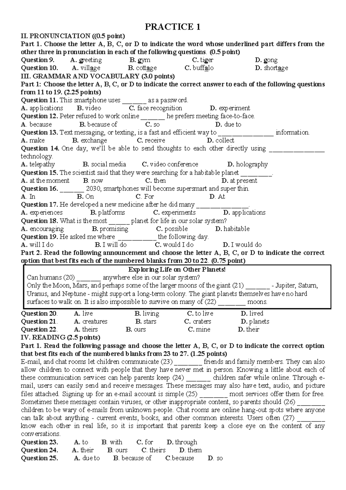 PRACTICE 1: PRONUNCIATION, GRAMMAR, AND VOCABULARY EXERCISES - Studocu