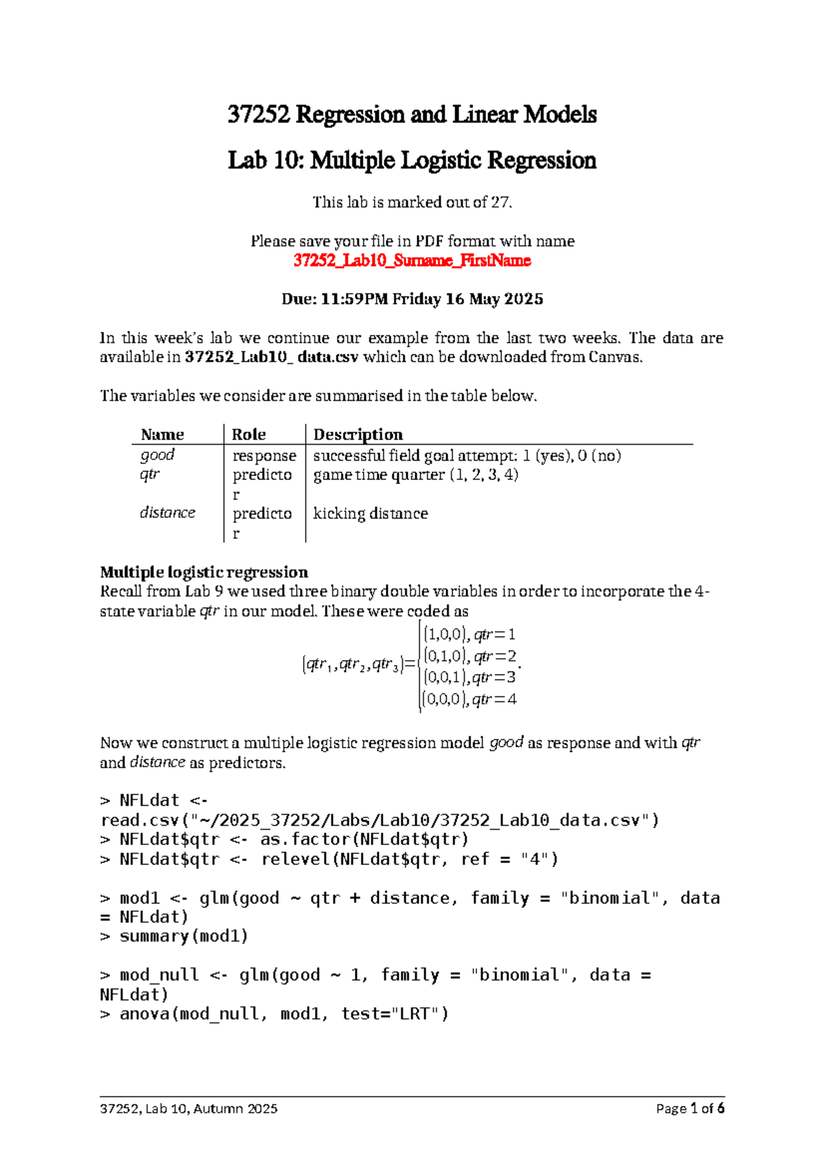 37252 Lab 10: Multiple Logistic Regression Analysis and Results - Studocu