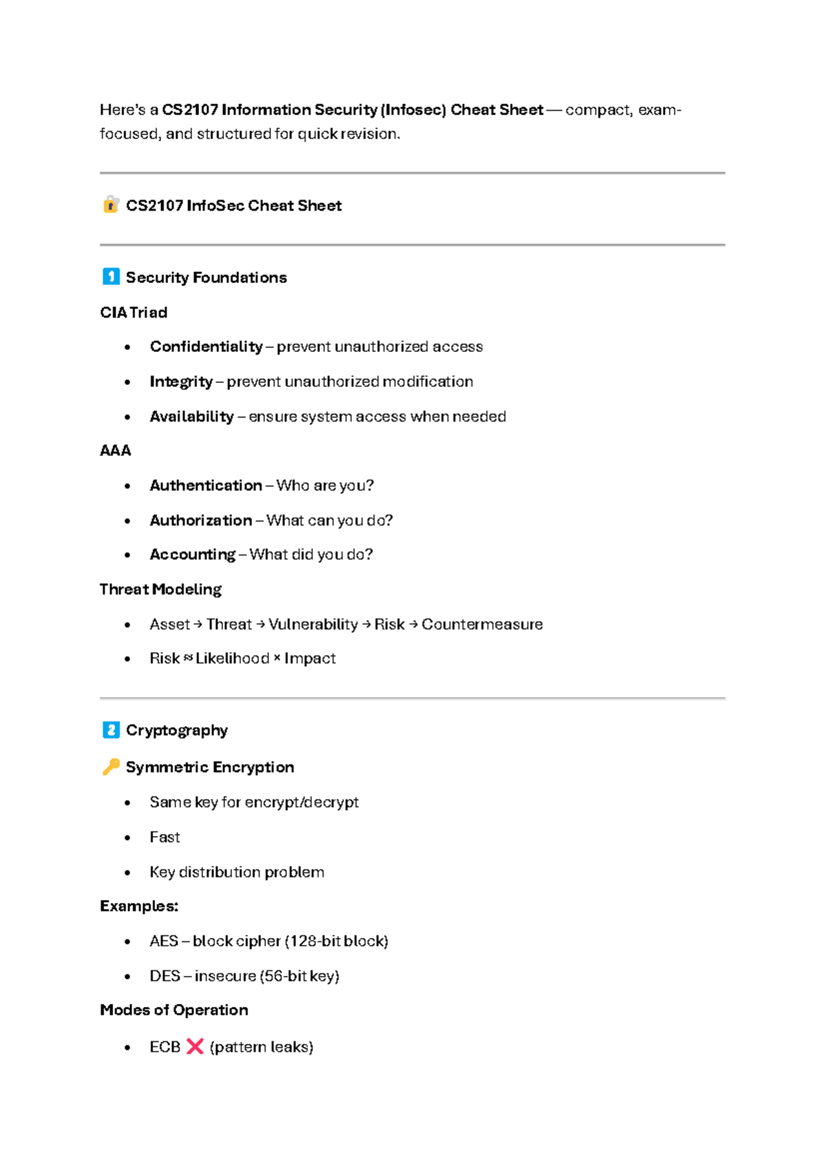 CS2107 InfoSec Final Exam Cheat Sheet: Key Concepts & Strategies - Studocu