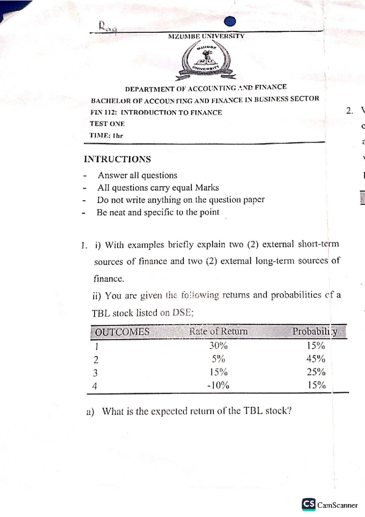 FIN 112 TEST 1 Special T - Learning is crucial - Rag MZUMBE UNIVERSITY ...
