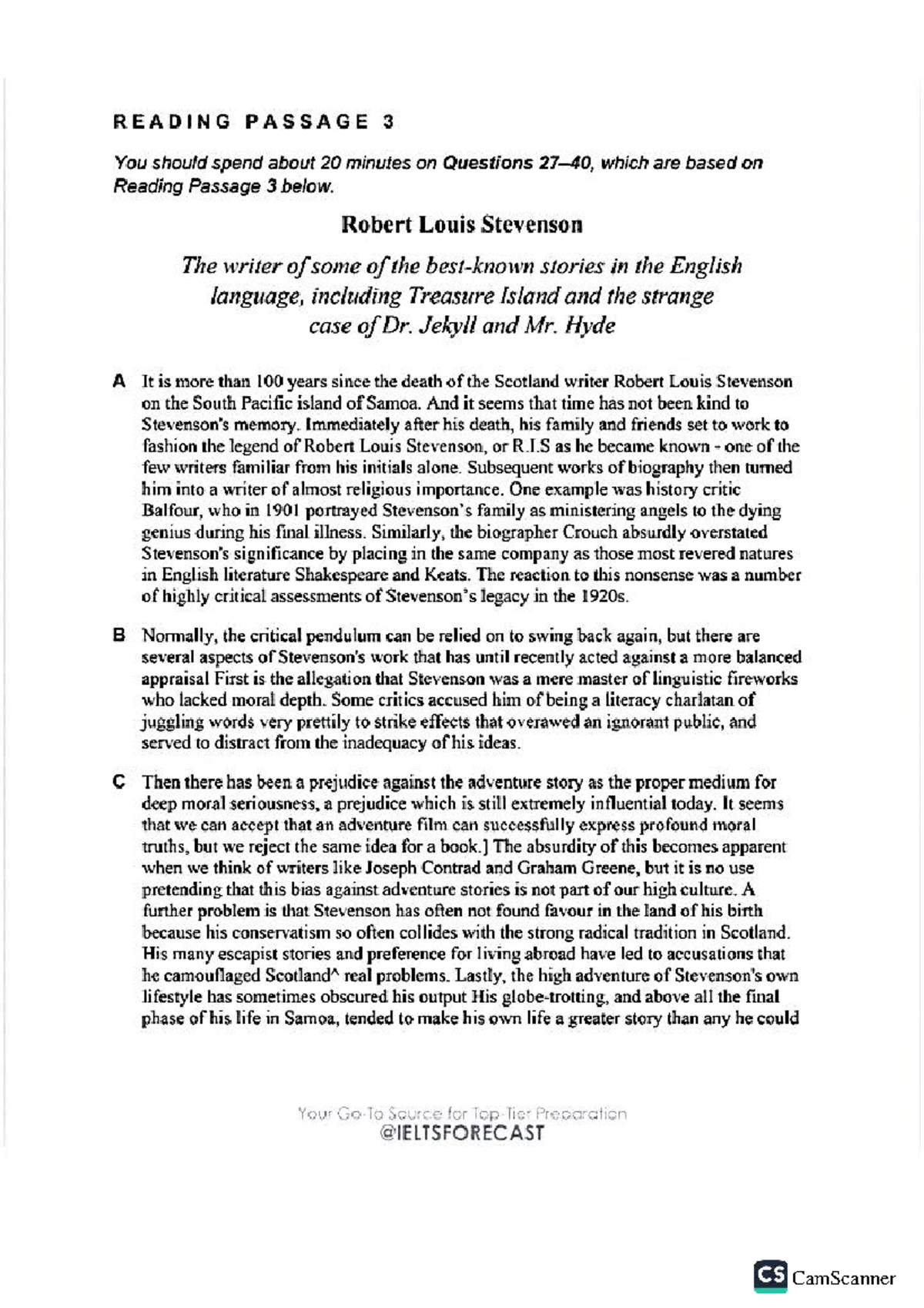 Reading Passage 3: Robert Louis Stevenson - A Critical Analysis - Studocu