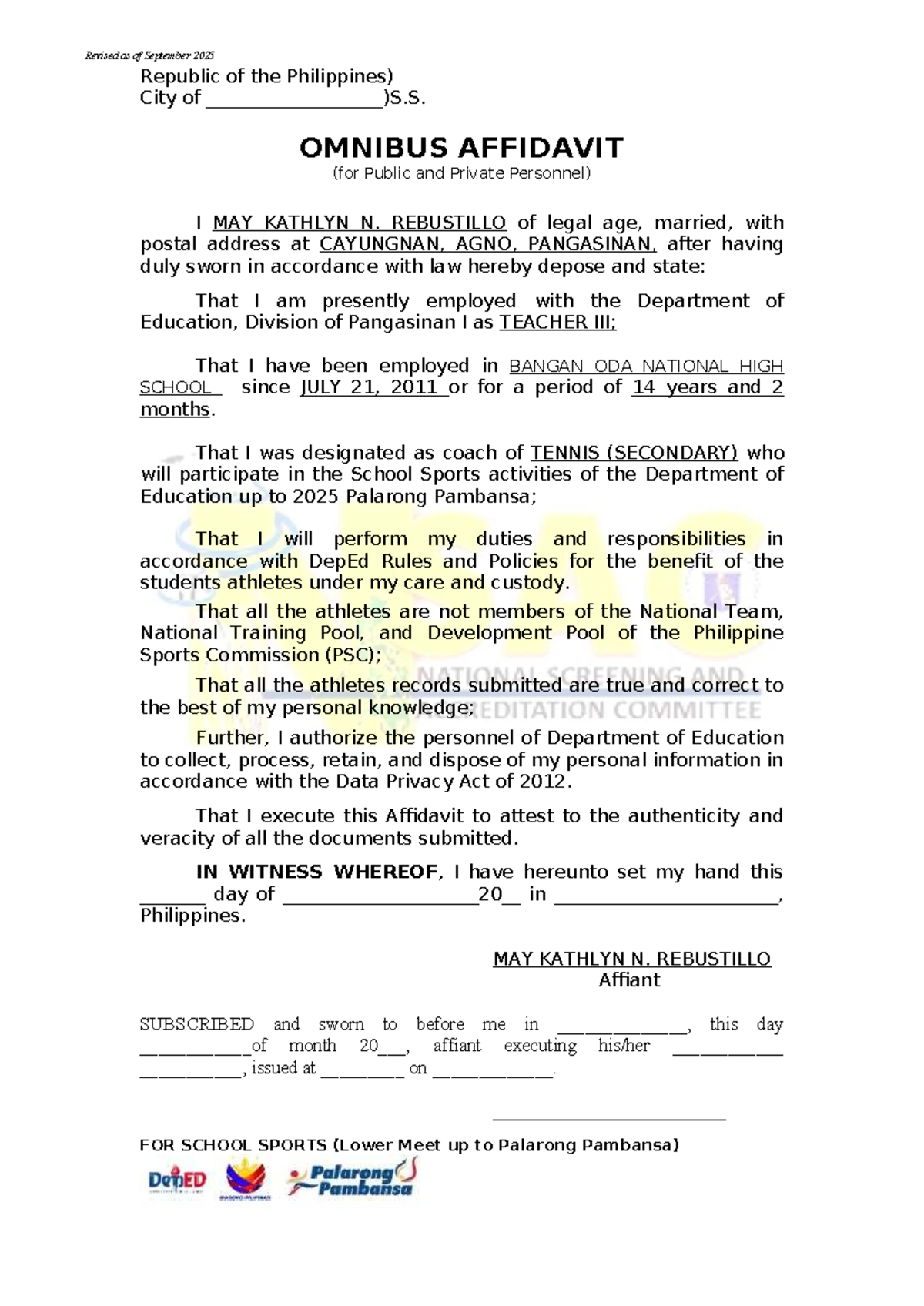 Omnibus Affidavit for School Sports (DepEd) v2025 - Studocu