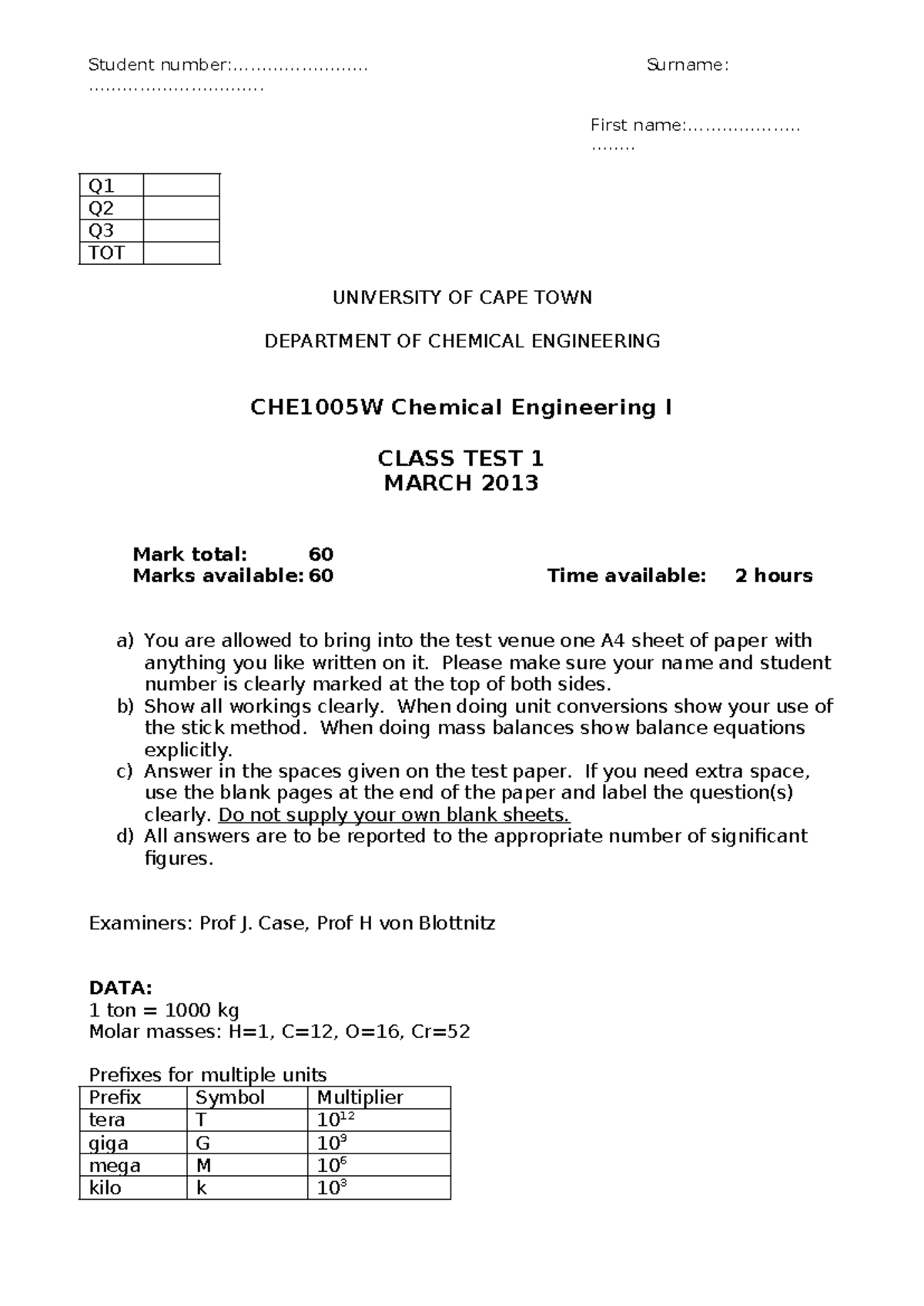2013 CHE1005W Chemical Engineering I Class Test 1 Notes - Studocu