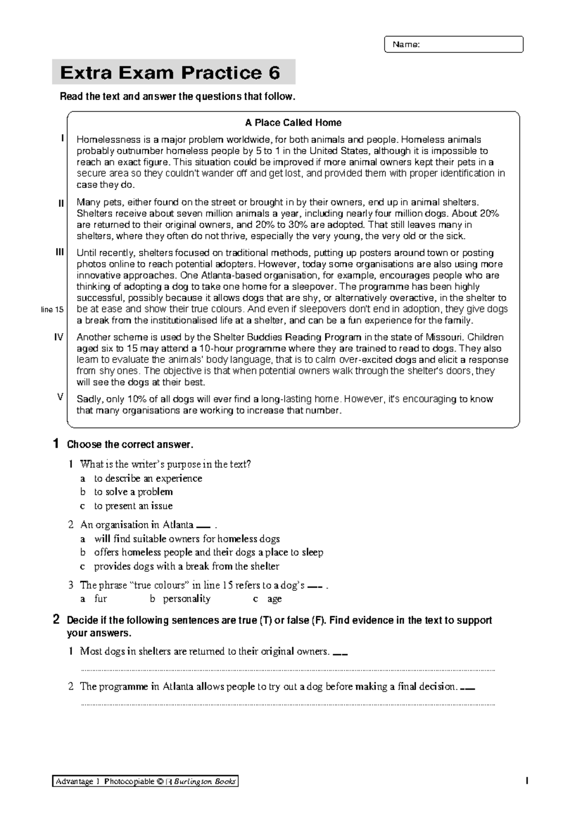 Advantage 1-reading exam extra practice 6 - Advantage 1 Photocopiable ...