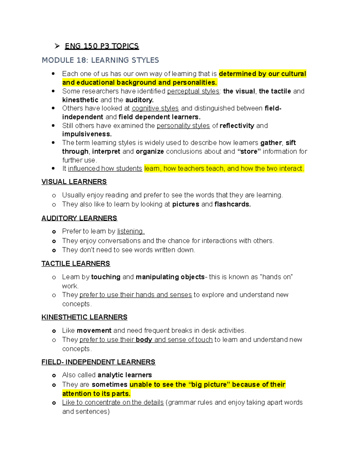 ENG 150 P3 Learning Styles: Key Concepts for Exam Review - Studocu