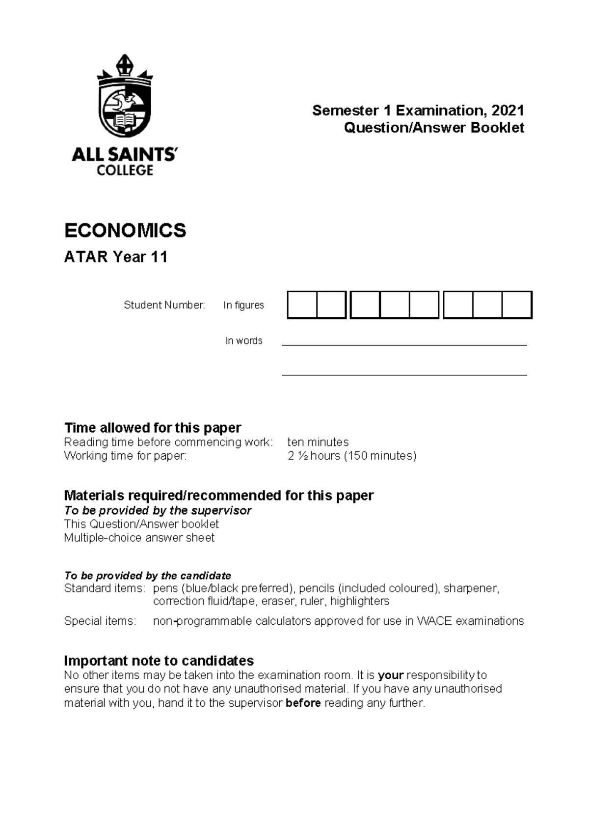 2021 Sem 1 ATAR Year 11 Economics Exam Paper - Studocu