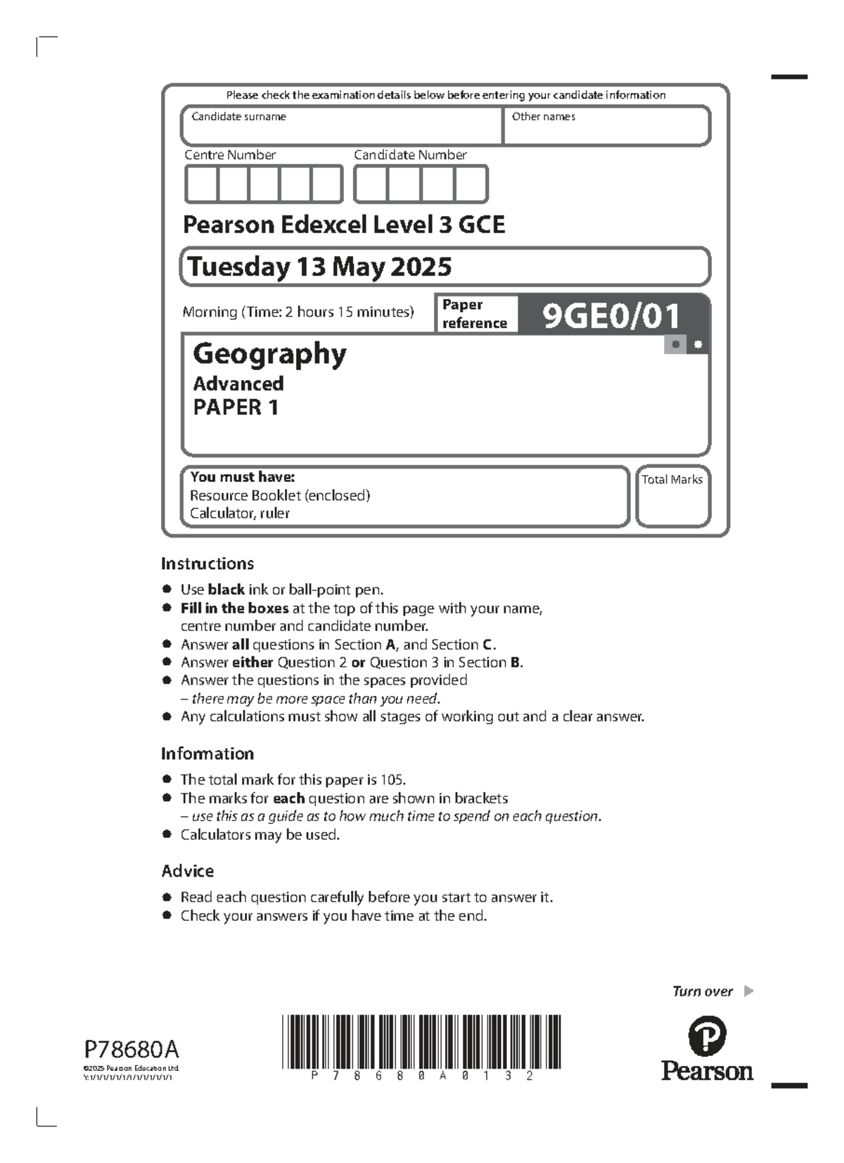 Geography Paper 1 (9GE0/01) Examination Details - May 2025 - Studocu