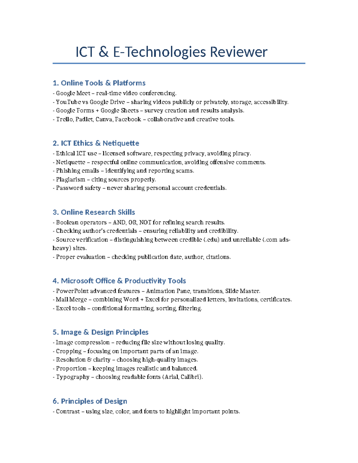 ICT E Technologies Reviewer: Online Tools, Ethics, Research & Design ...