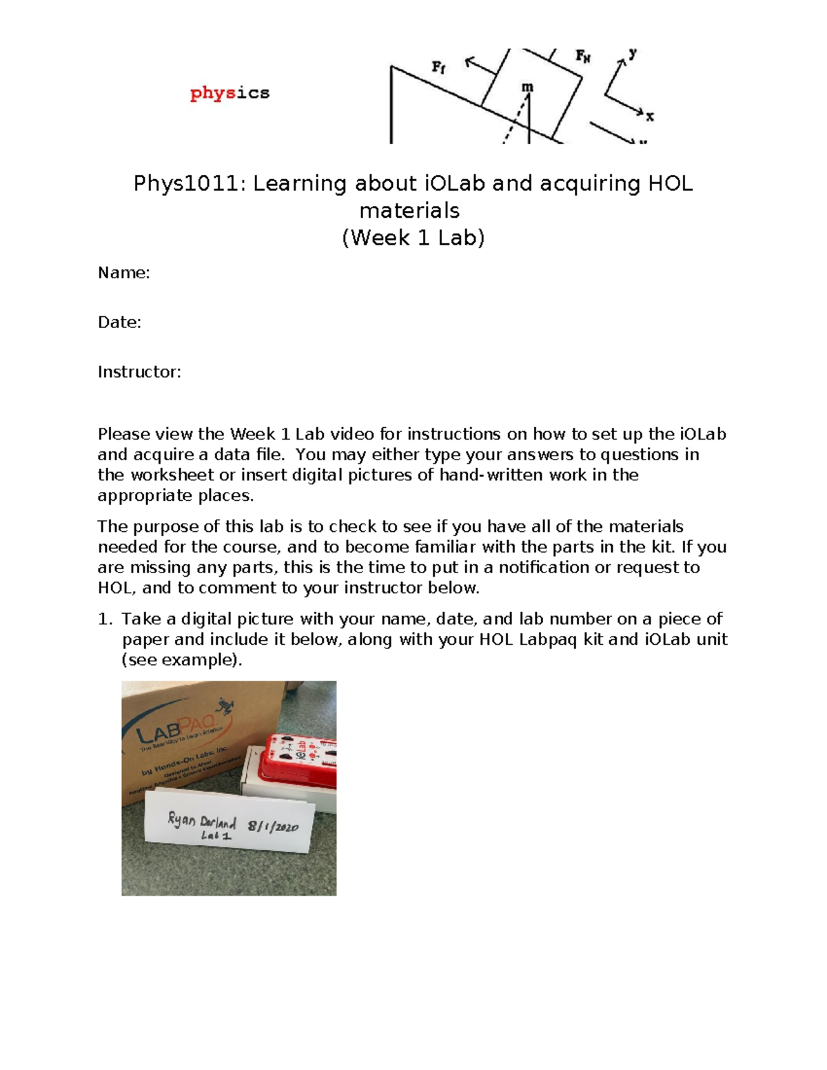 Phys1011: Week 1 Lab - iOLab Setup & HOL Materials Check - Studocu