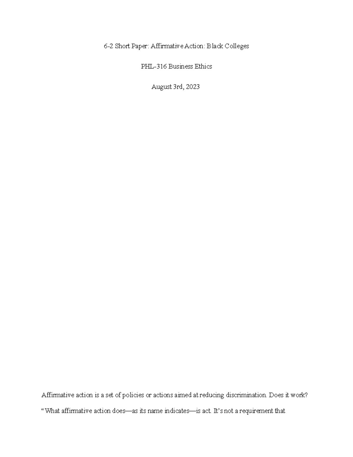 6-2 Short Paper: Affirmative Action & Its Impact on Black Colleges ...