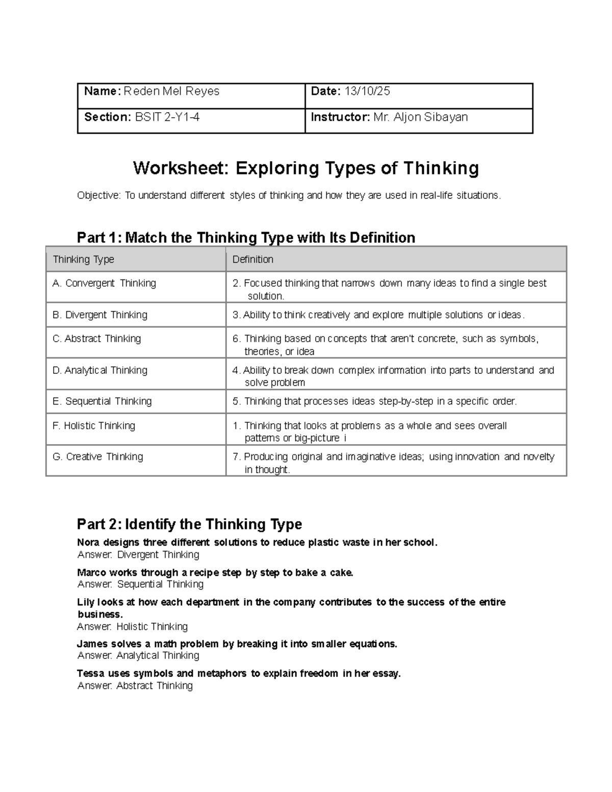 Exploring Types of Thinking Worksheet (BSIT) - Studocu