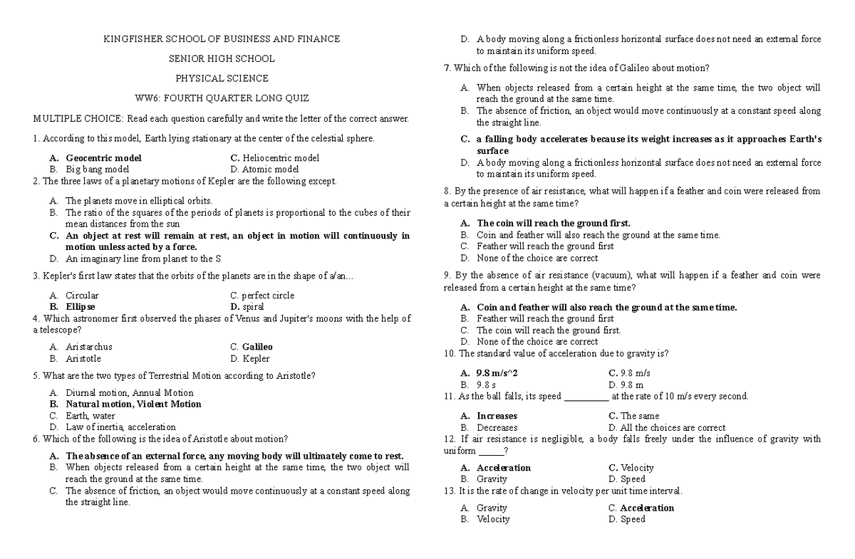 PHYSICAL SCIENCE WW6: FOURTH QUARTER LONG QUIZ NOTES - Studocu
