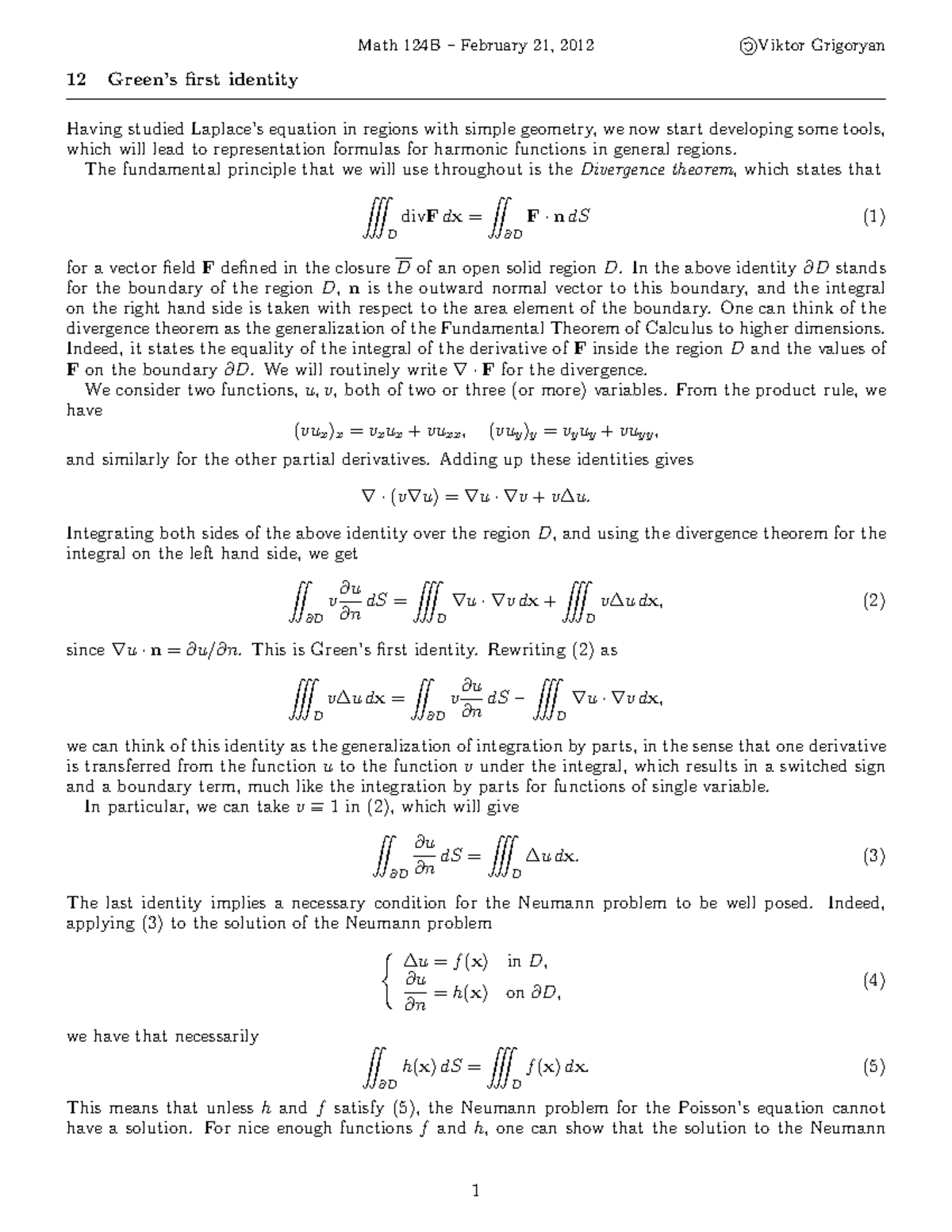 Math 124B: First Identity and Harmonic Functions in Higher Dimensions ...