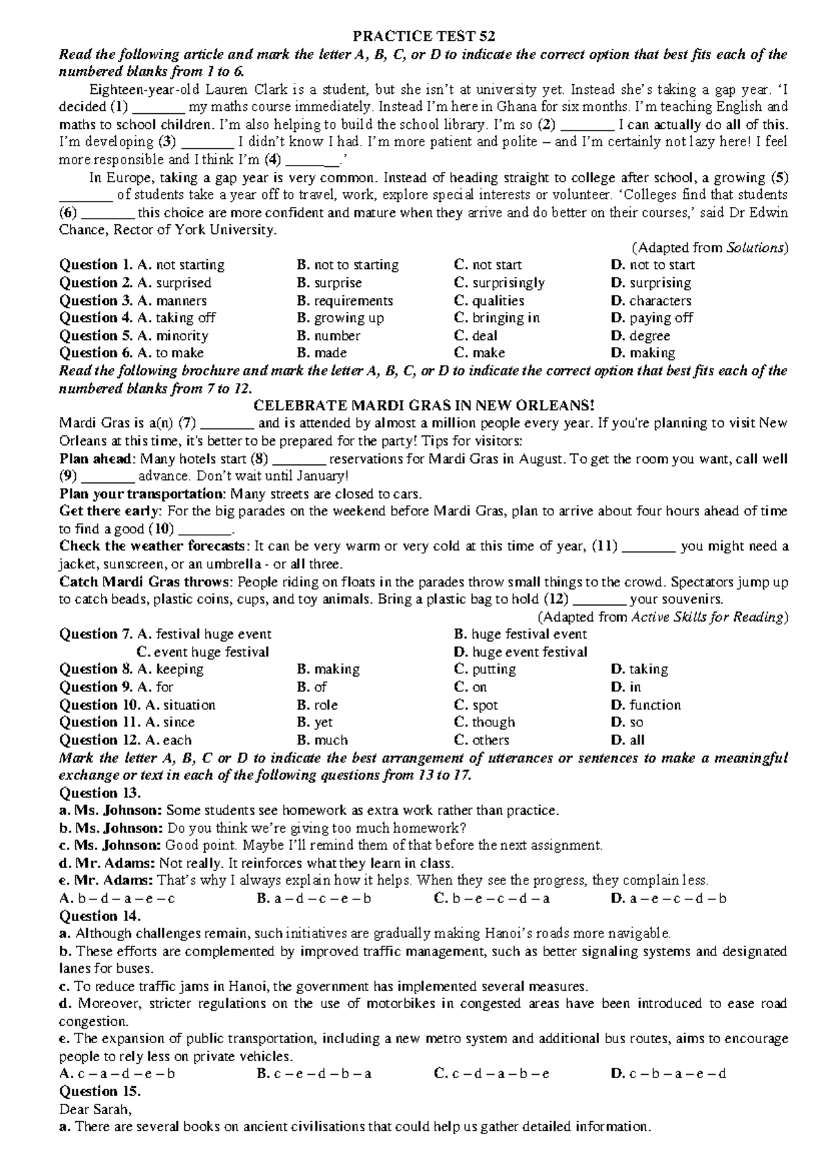 Practice Test 52 HS - English THPTQG: Language Skills Assessment - Studocu