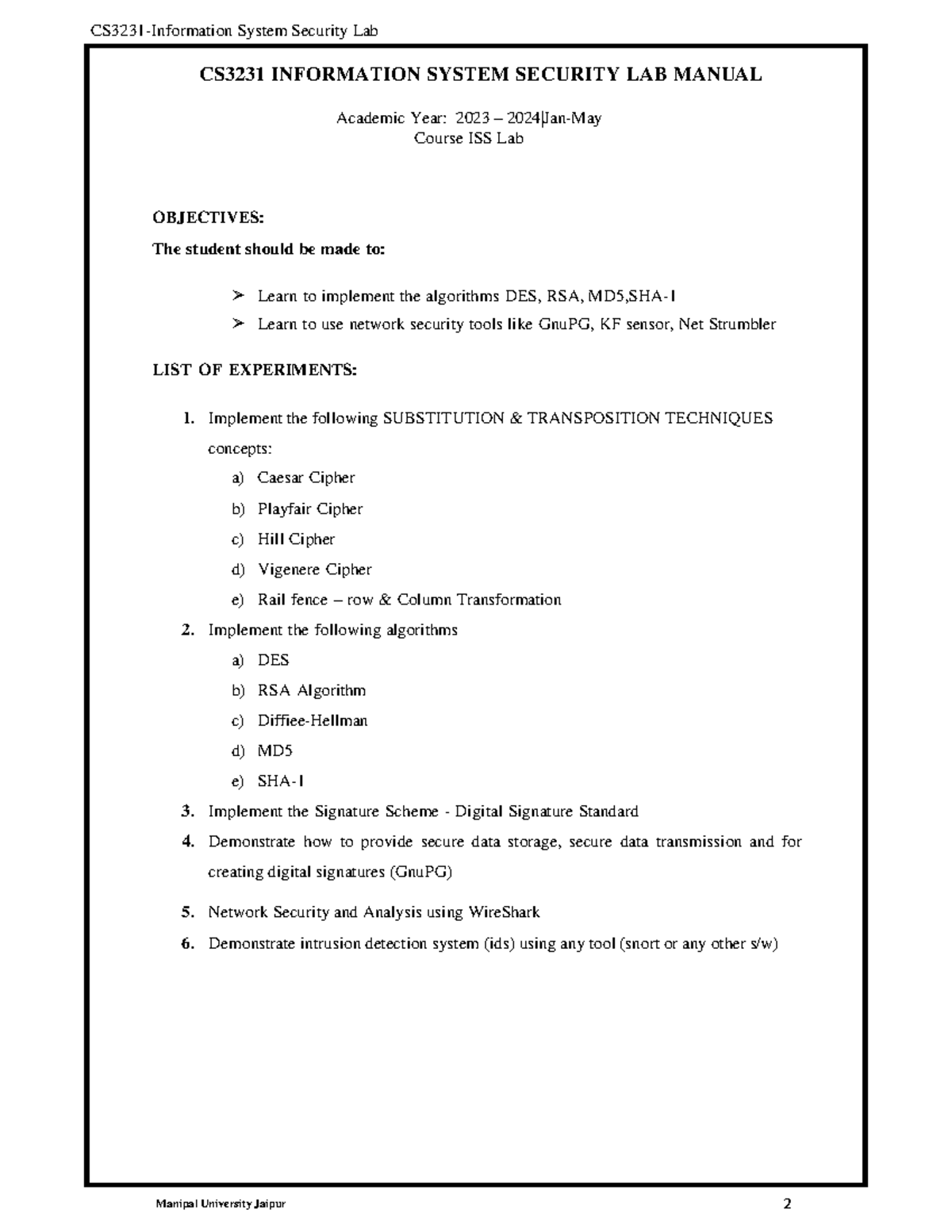CS3231-Information System Security Lab Manual and Implementation Guide - Studocu