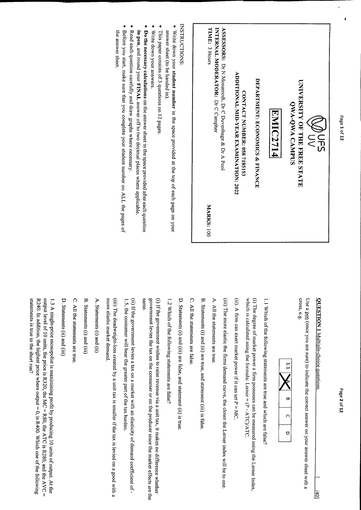 UFS EMIC2714 Test & Exam Prep: Economics 2022 Questions & Answers - Studocu