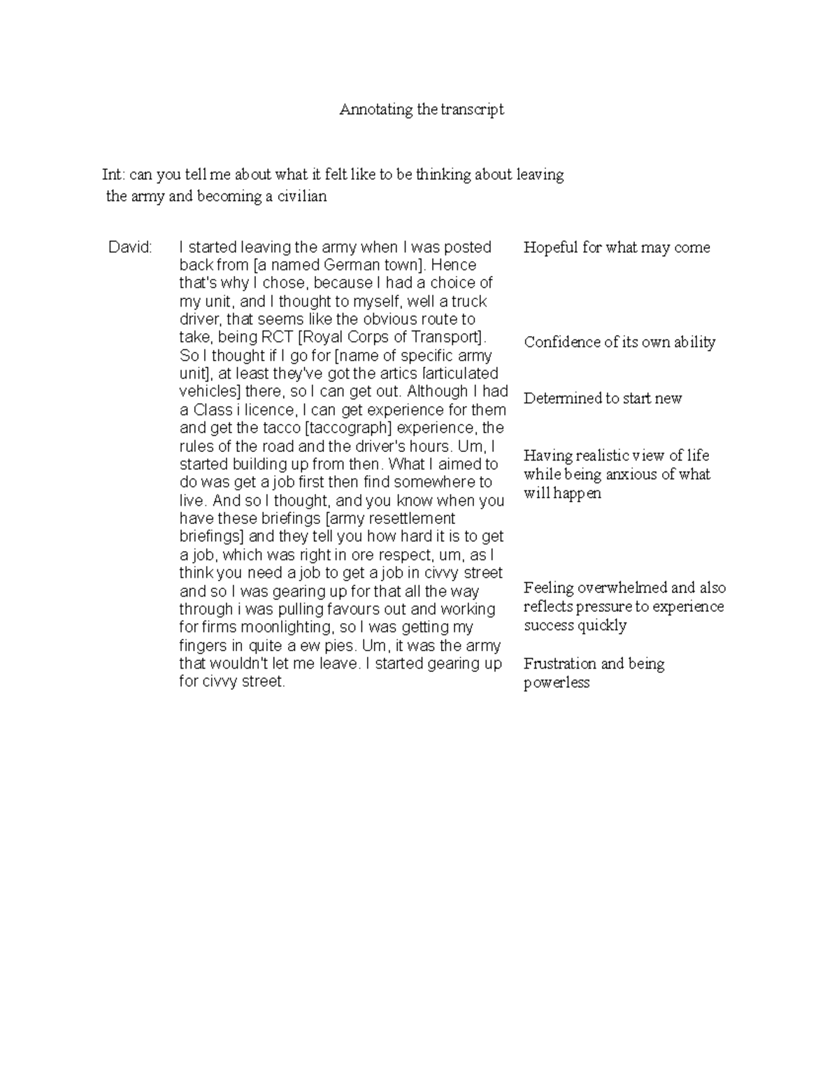 Group 1 Anotation and Table of themes - Annotating the transcript Int ...