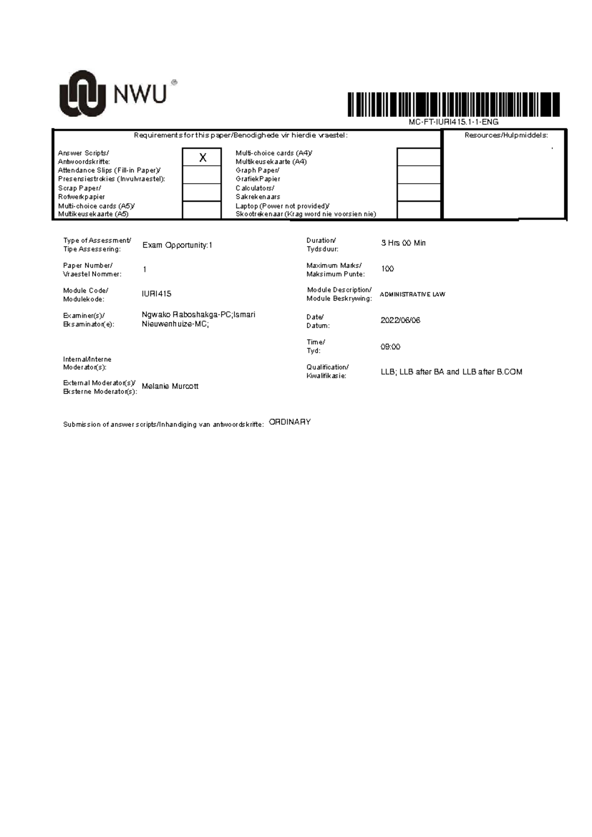 IURI415: Administrative Law Exam Paper 1 Requirements and Instructions ...