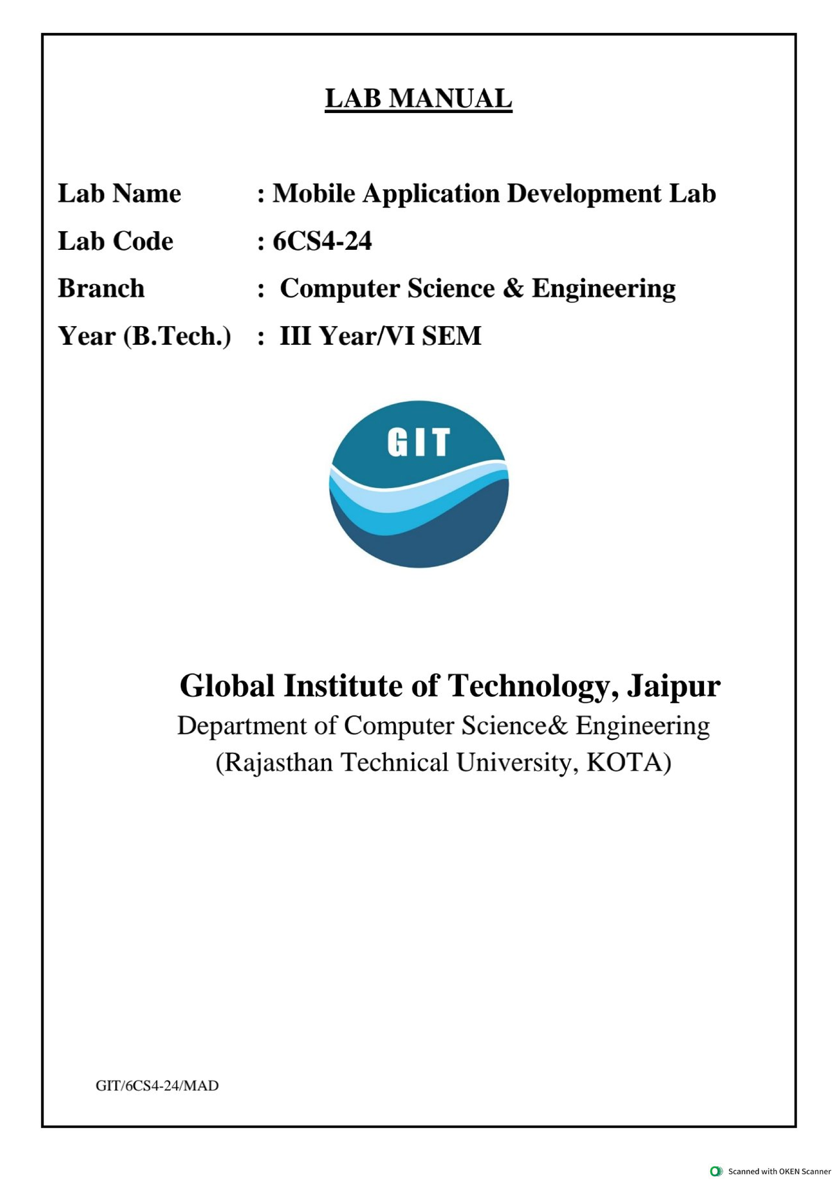 Mobile App Dev Lab Manual - CSE B.Tech SEM - GIT Jaipur - Studocu