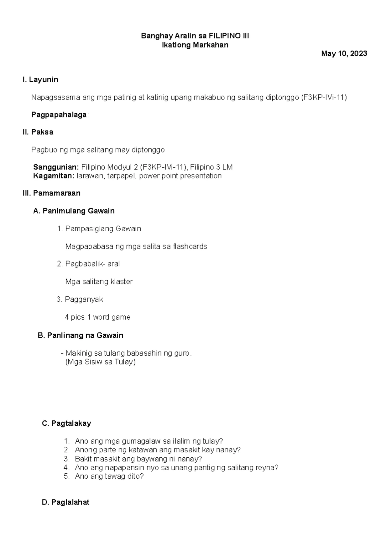 Filipino 2 - Detailed Lesson Plan on Diptonggo for Grade 2 - Studocu