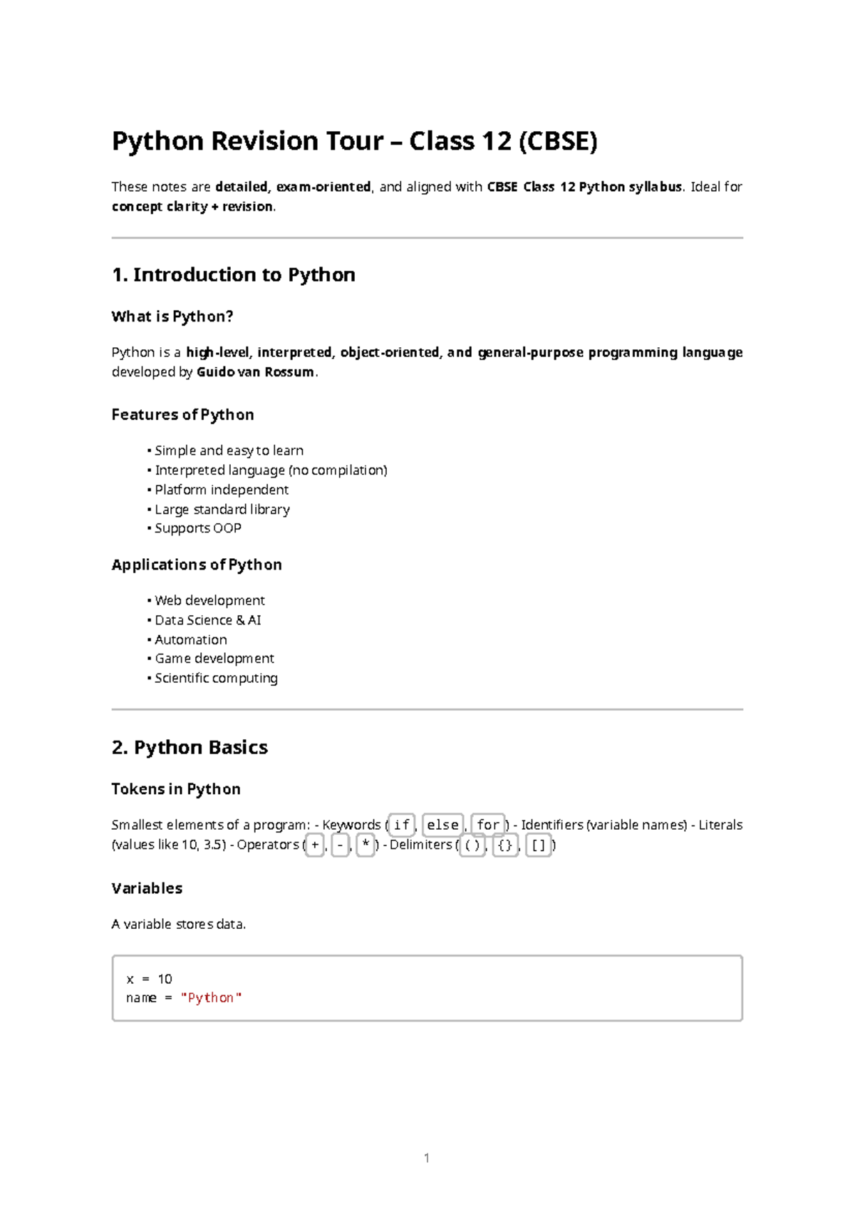 Python Revision Tour: Class 12 CBSE Detailed Notes - Studocu