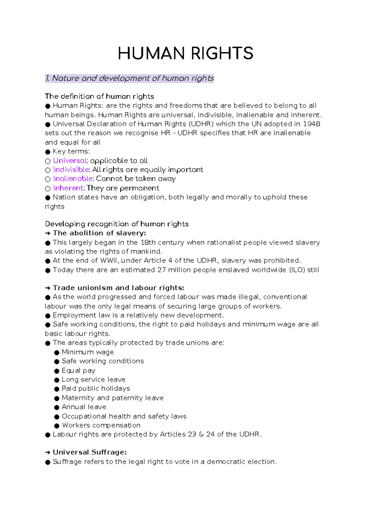 HUMAN RIGHTS 1: Summary Notes on Key Concepts and Developments - Studocu
