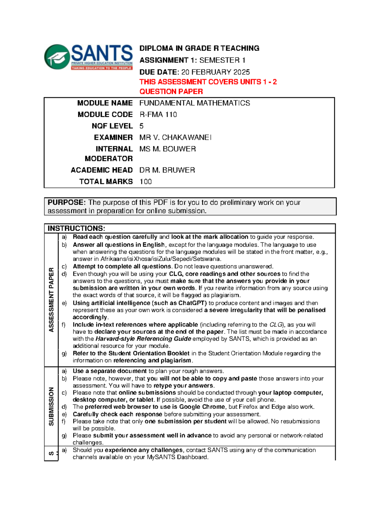 R-FMA 110 Final Exam Assignment 1 Question Paper and Instructions - Studocu