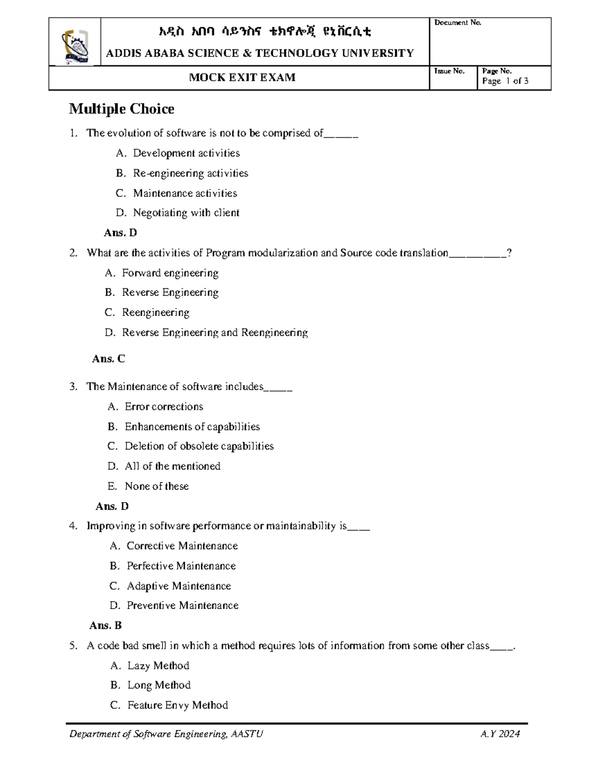 AASTU Software Engineering Exit Exam - MOCK-1 Final - Studocu