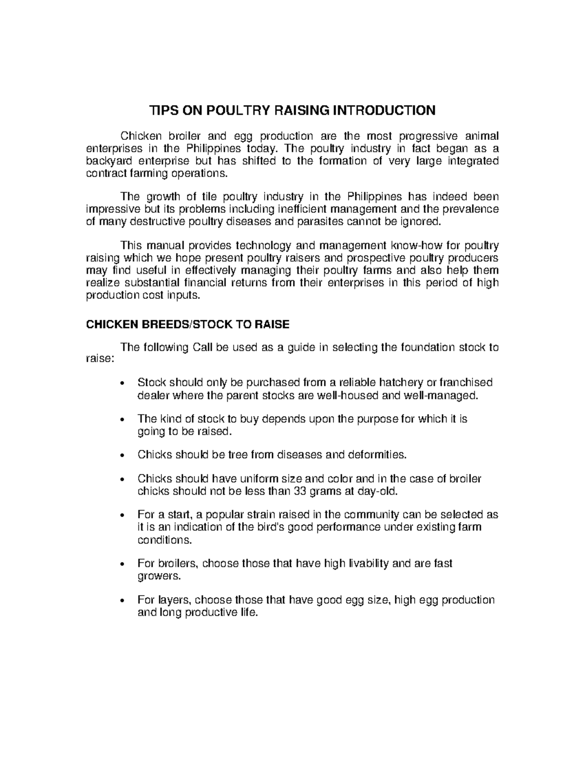 Poultry 1 PDF LECTURE NOTES - TIPS ON POULTRY RAISING INTRODUCTION ...