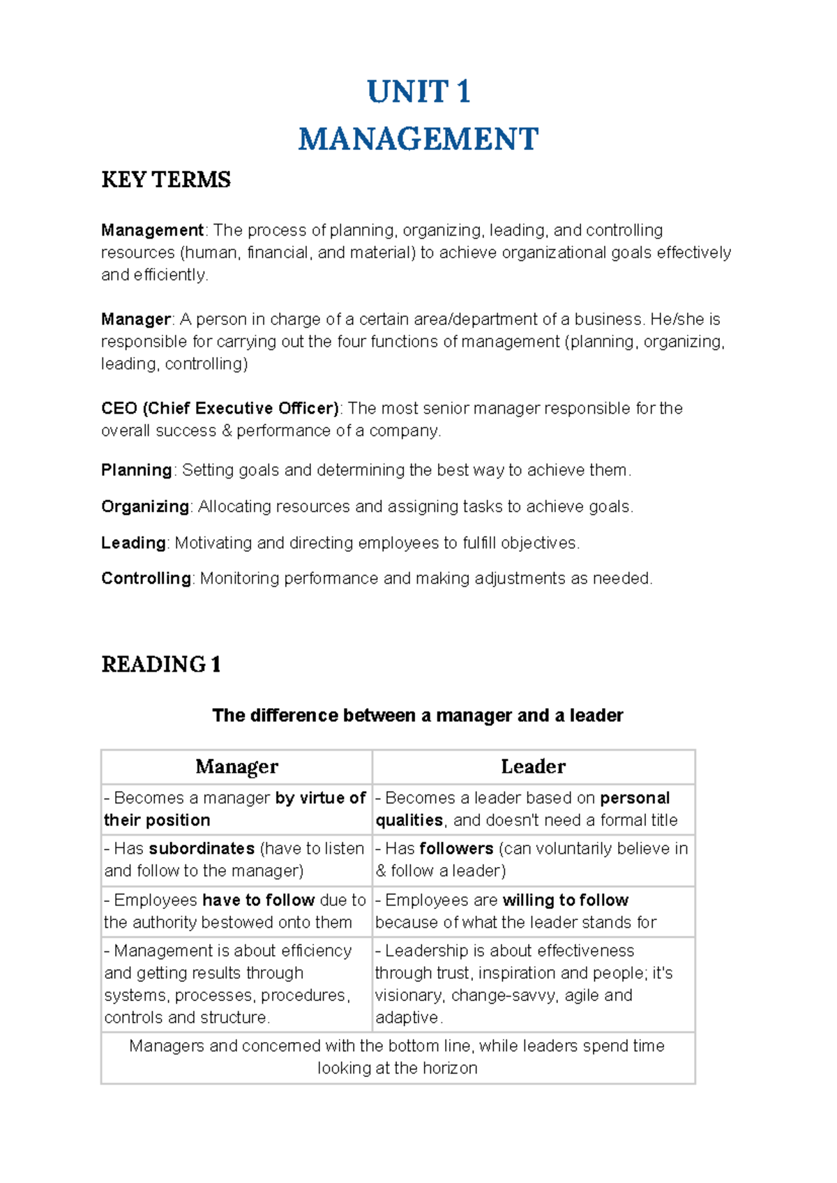 Unit 1 Management Key Terms & Concepts Review - Notes - Studocu