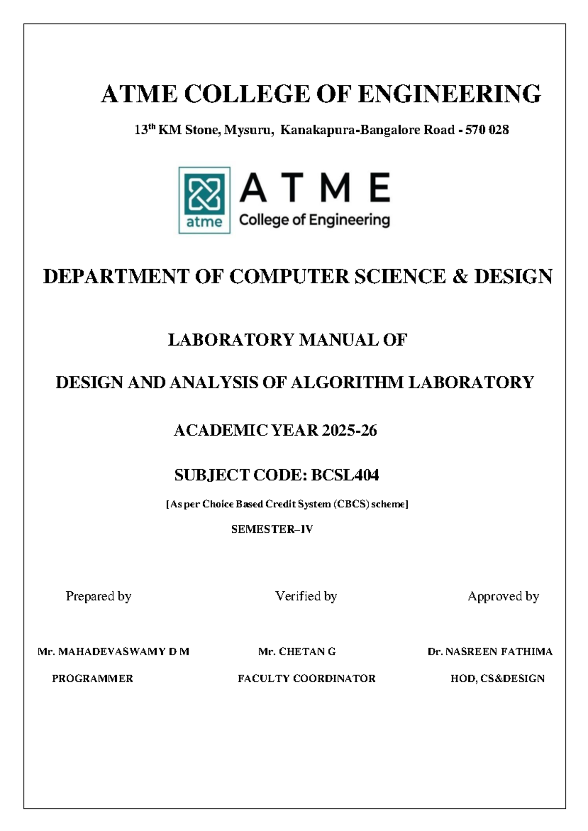 Design and Analysis of Algorithms Lab Manual BCSL404 (2025-26) - Studocu